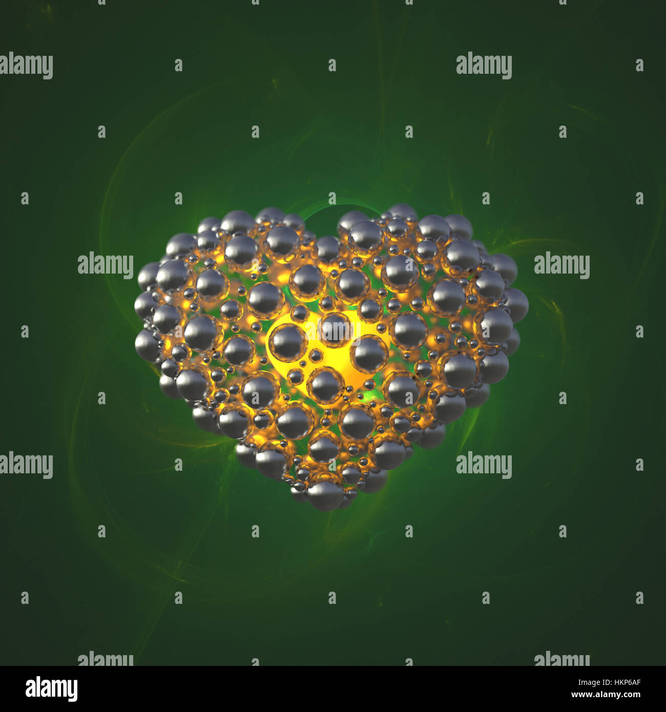 metal golden heart made of spheres with reflections isolated on green ...