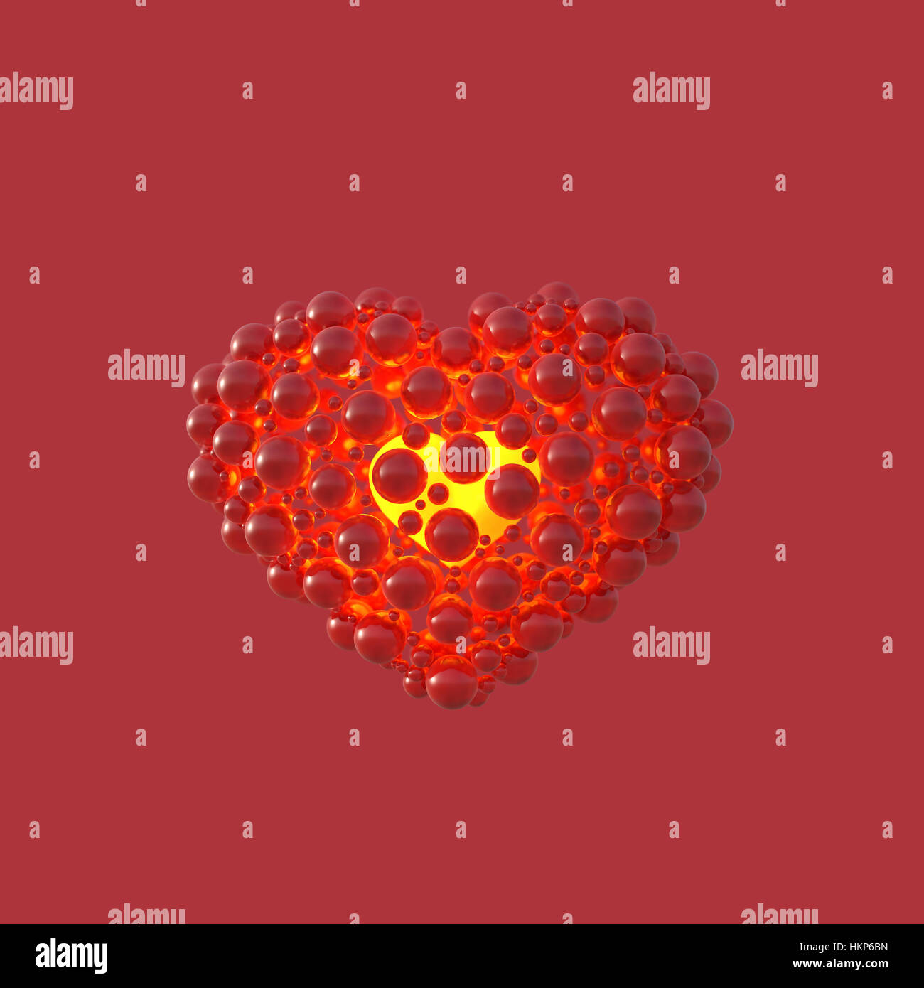 red heart made of spheres with reflections isolated on red background ...
