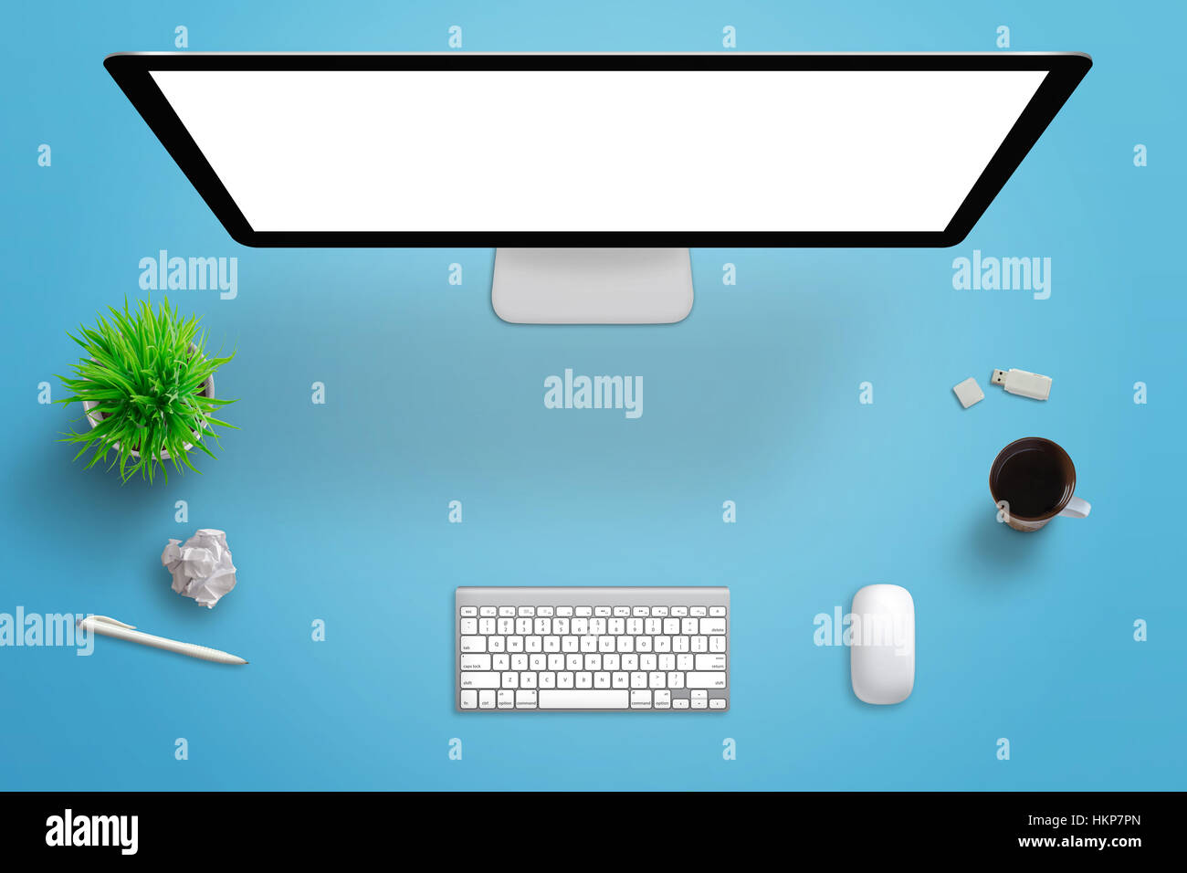Top view of office desk with computer display with isolated screen for ...