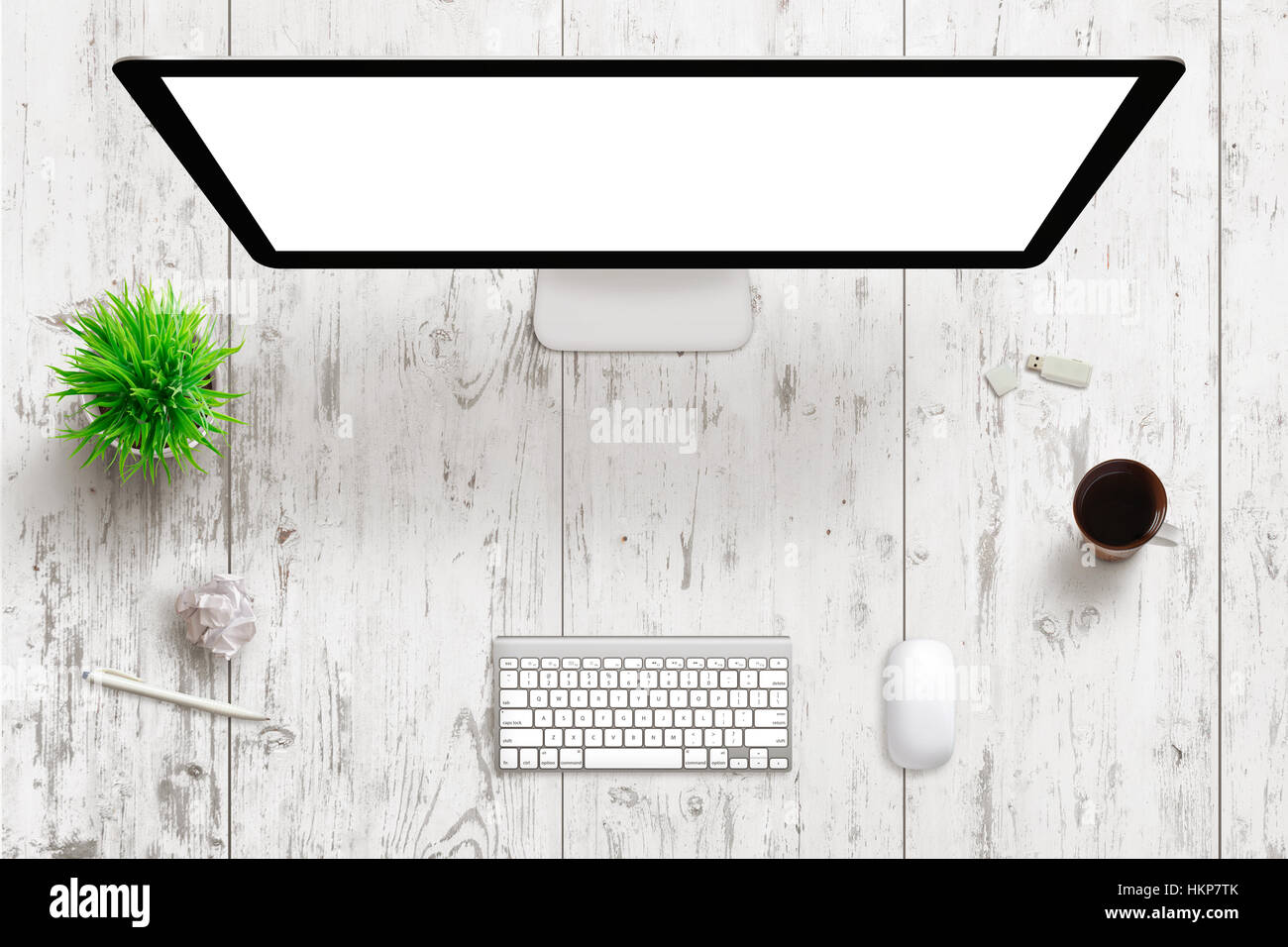 Office desk with white wooden texture in background. Computer display ...