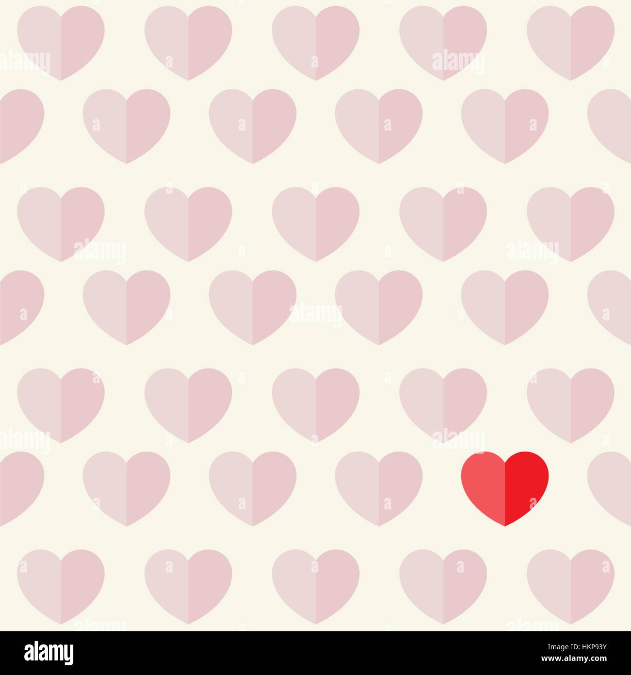 A repeating pattern of screened hearts with one red heart isolated ...