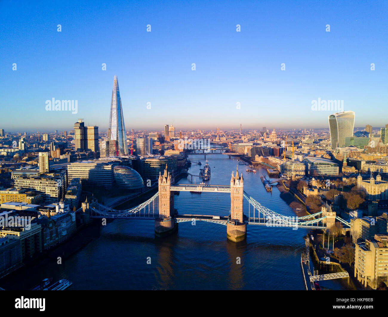 Aerial panoramic view over Tower Bridge, River Thames and the skyline ...