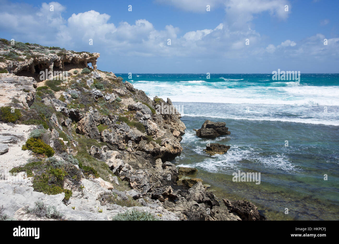 Natural limestone columns on the Rottnest Island coastline with Indian ...