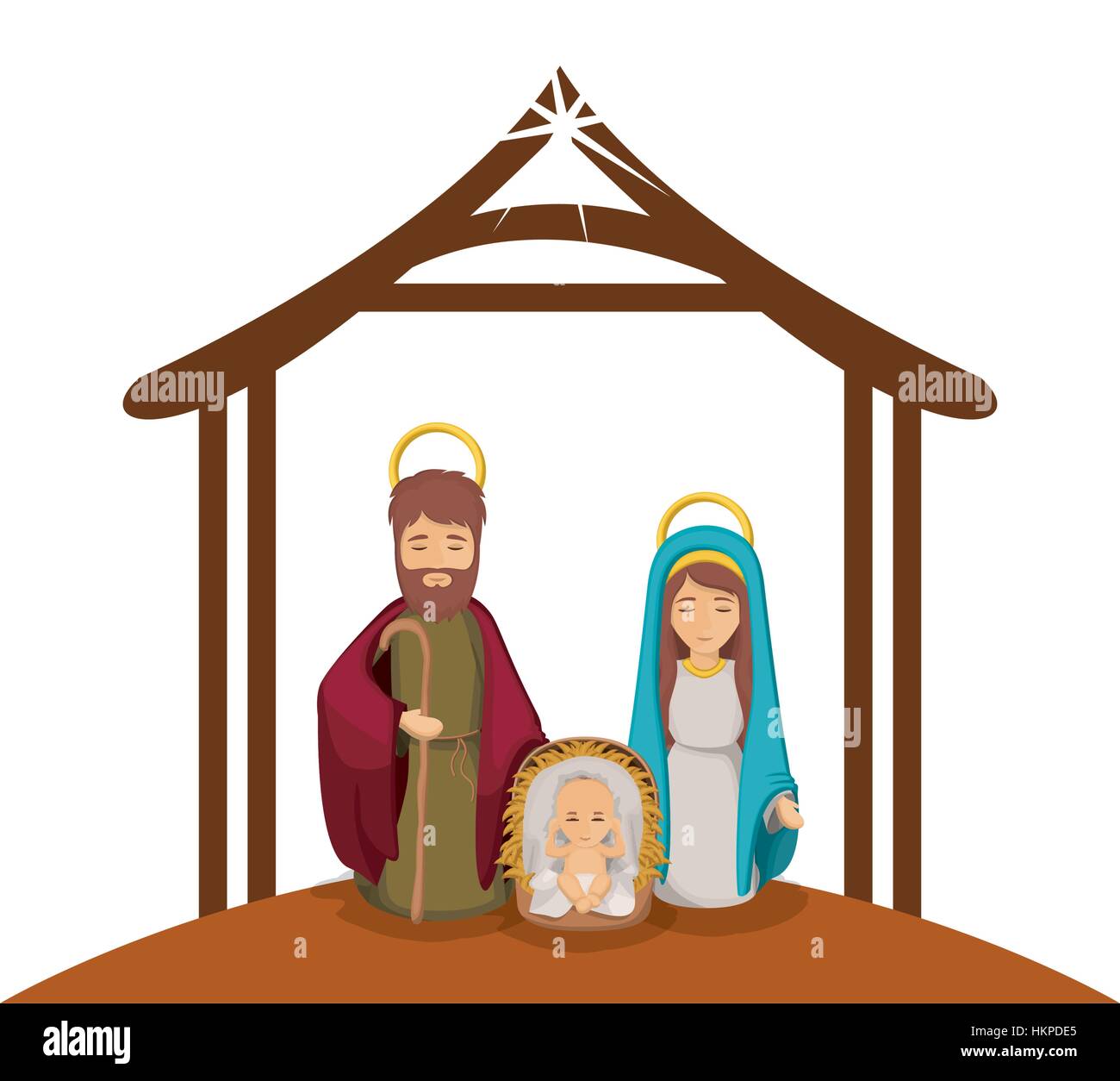 colorful image with virgin mary and saint joseph and jesus in crib ...