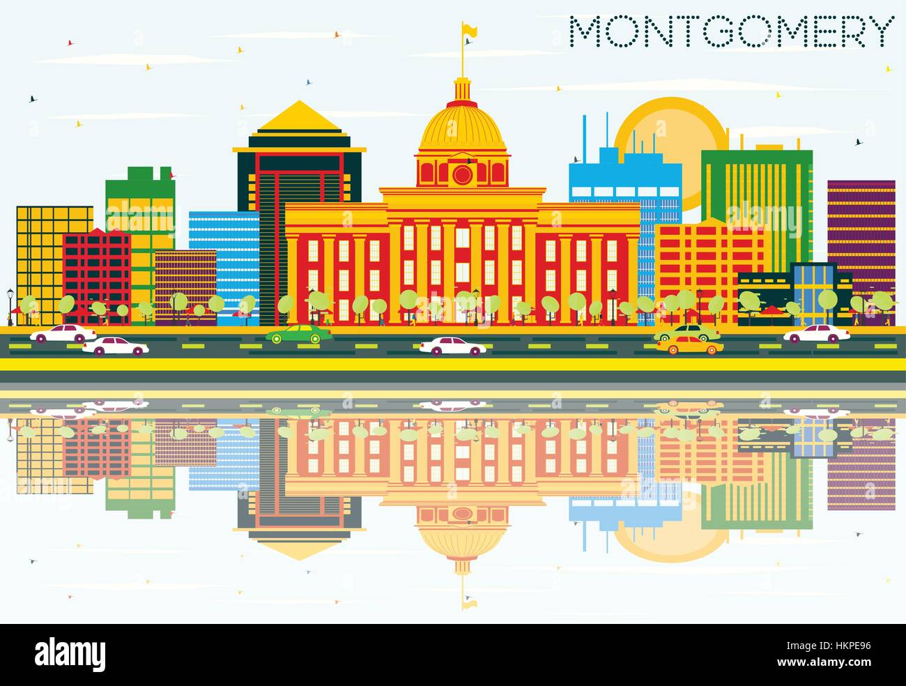 Montgomery Skyline with Color Buildings, Blue Sky and Reflections ...