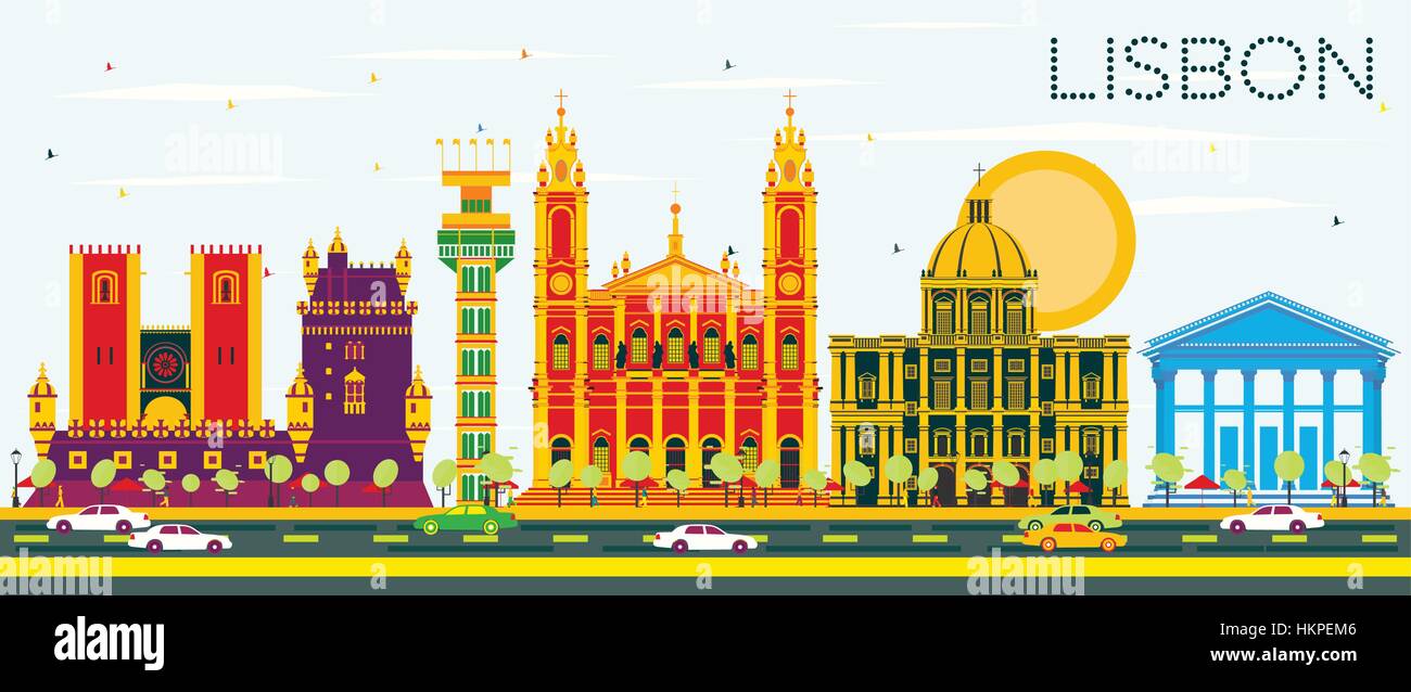 Lisbon Skyline with Color Buildings and Blue Sky. Vector Illustration ...
