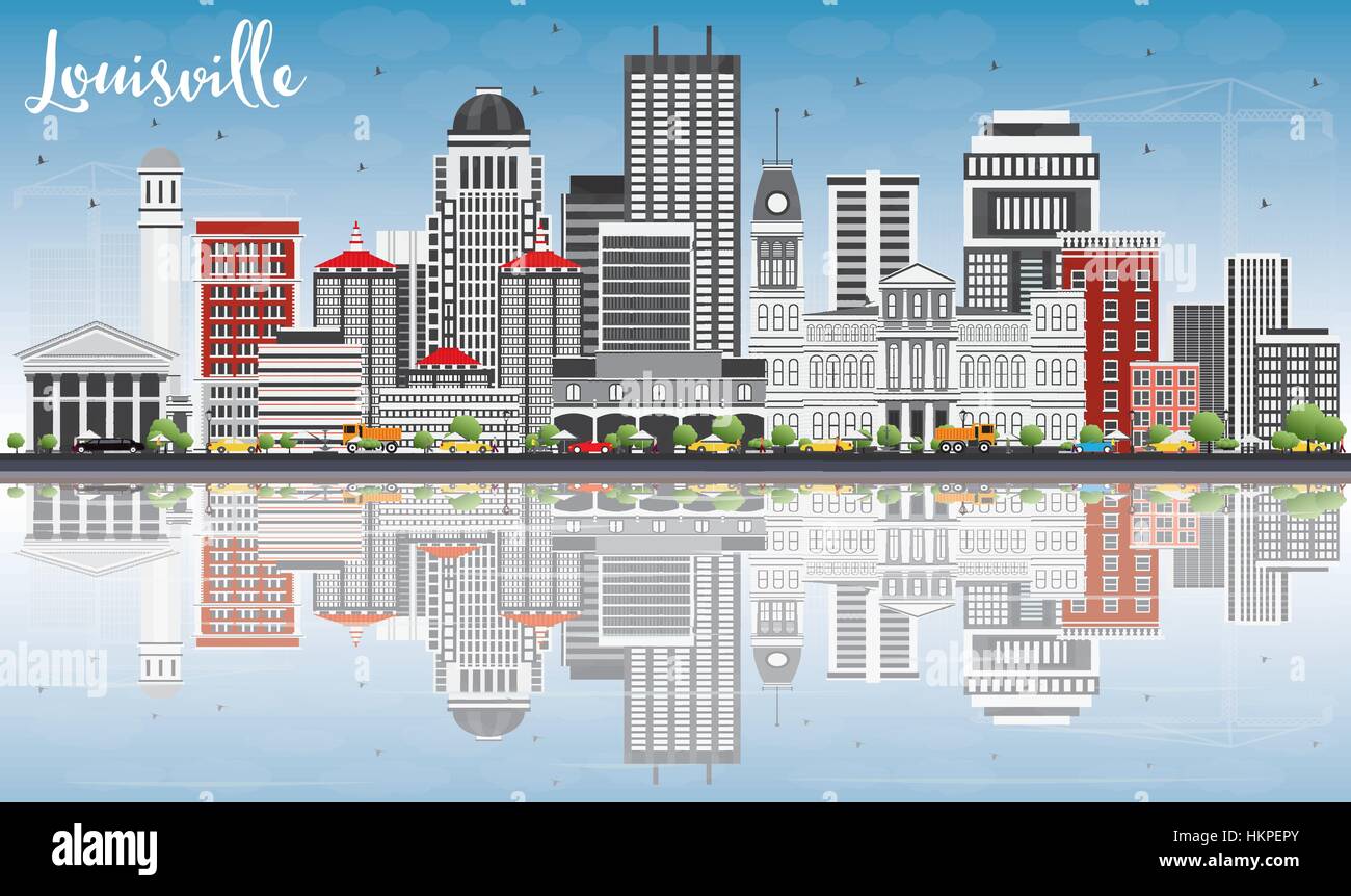 Louisville Skyline with Gray Buildings, Blue Sky and Reflections ...