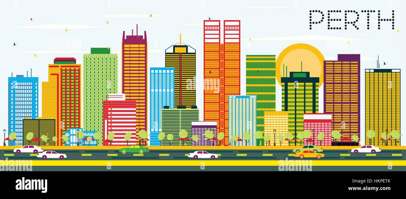Perth Skyline with Color Buildings and Blue Sky. Vector Illustration ...