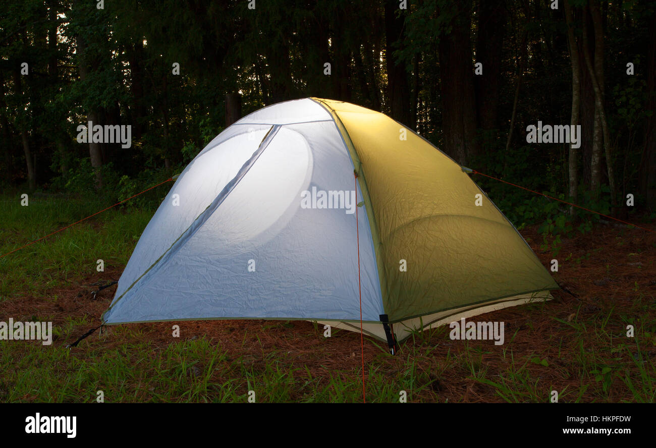 Small tent that has a light inside with the forest behind dark Stock ...