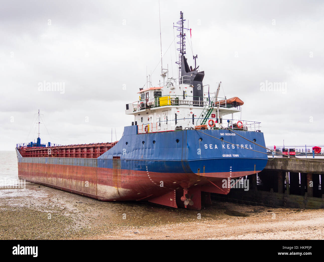 General cargo ship "Sea Kestrel" (1993) at low tide, moored at ...