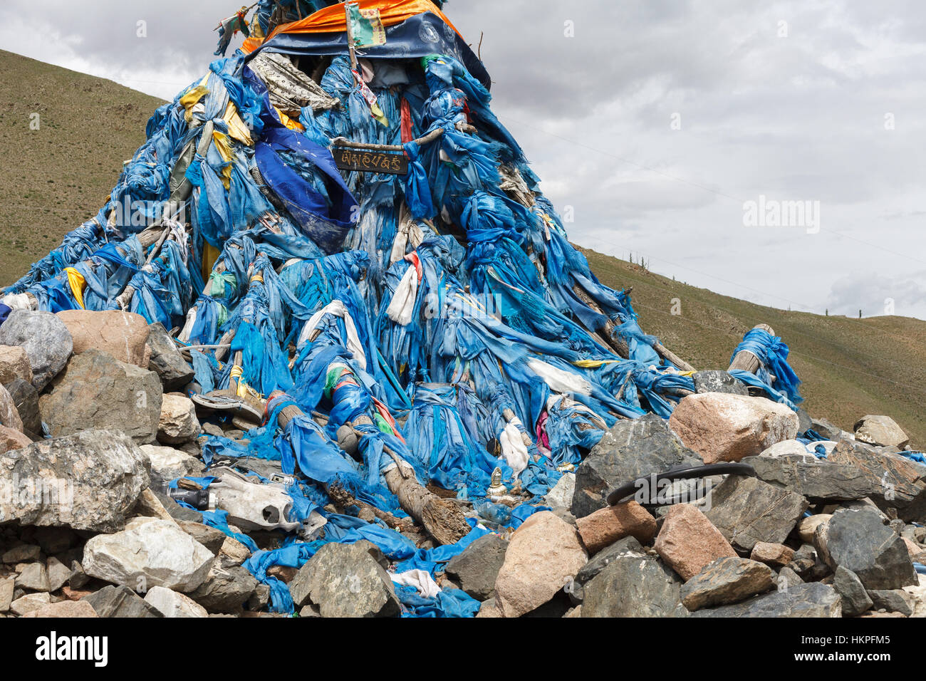 Sacred stona altar ovoo on a pass in Mongolia Stock Photo - Alamy