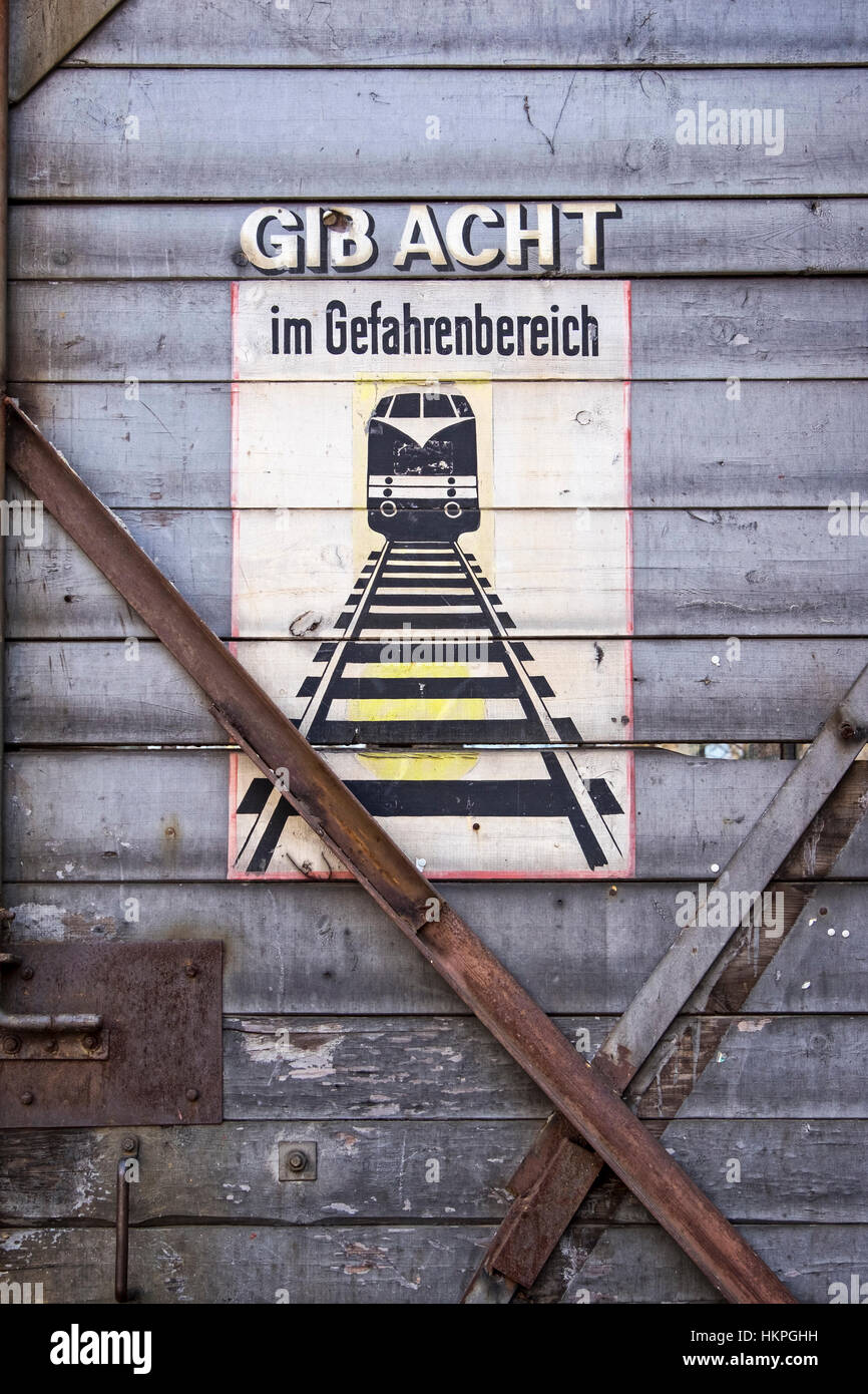 Beware Danger Zone sign at the Old train shed at the old Tempelhof ...