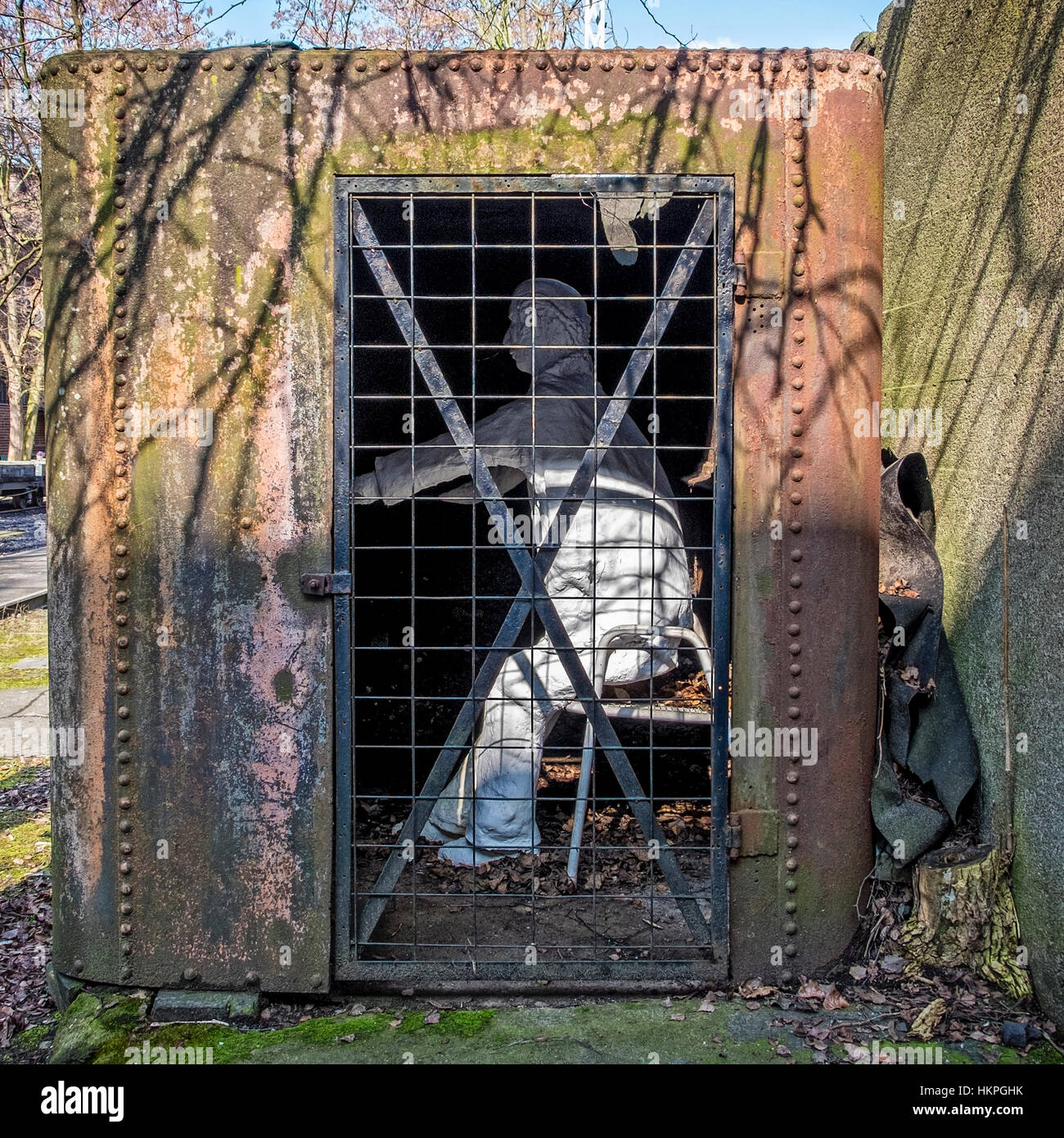 Plaster man in control room outside Old train shed at the old Tempelhof ...
