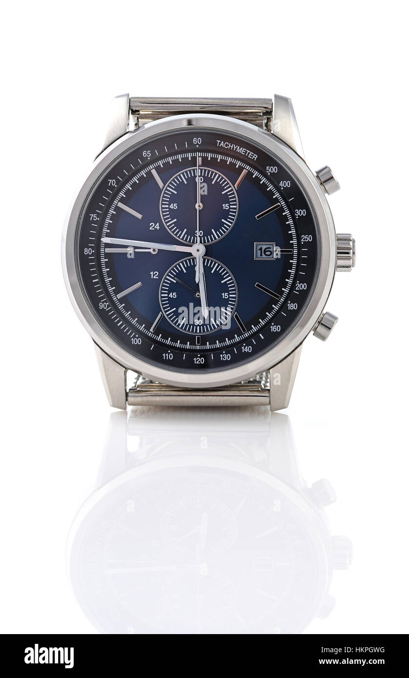 Blue mechanical modern shiny watch isolated on white Stock Photo - Alamy