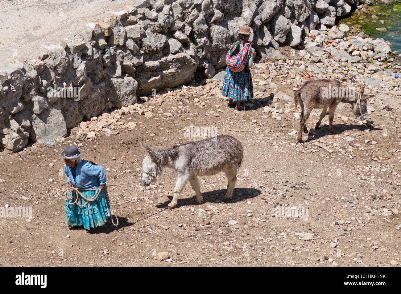 Native Aymara women with donkeys on Island of the Sun on Lake Titicaca ...