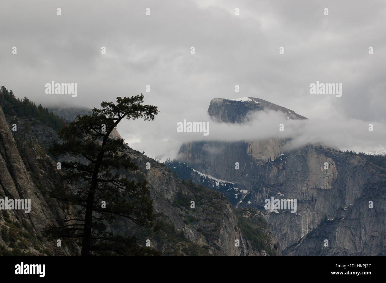 Half Dome covered in a layer of clouds in Yosemite Valley, CA. Picture ...