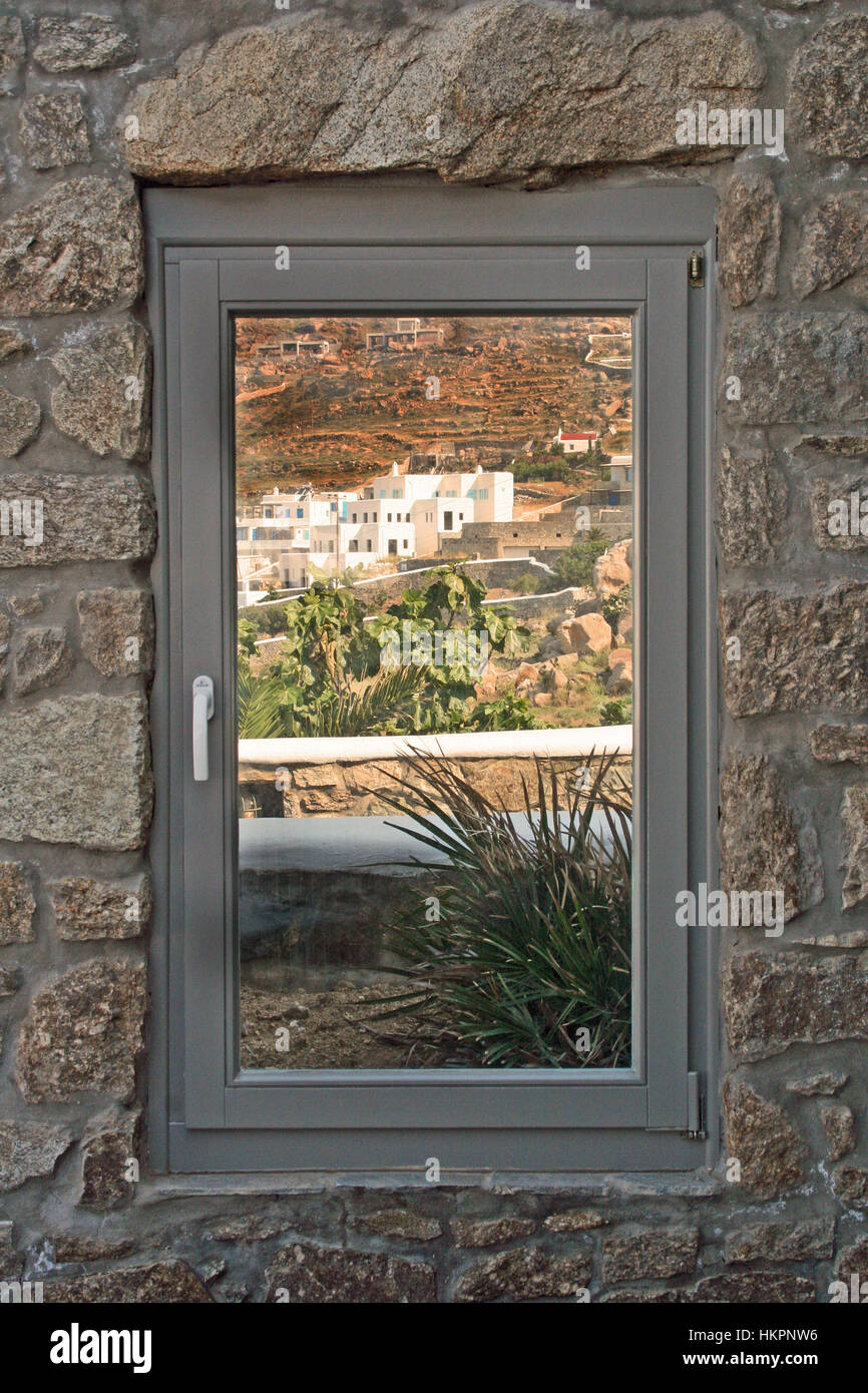 View through a window in Mykonos, Greece Stock Photo - Alamy