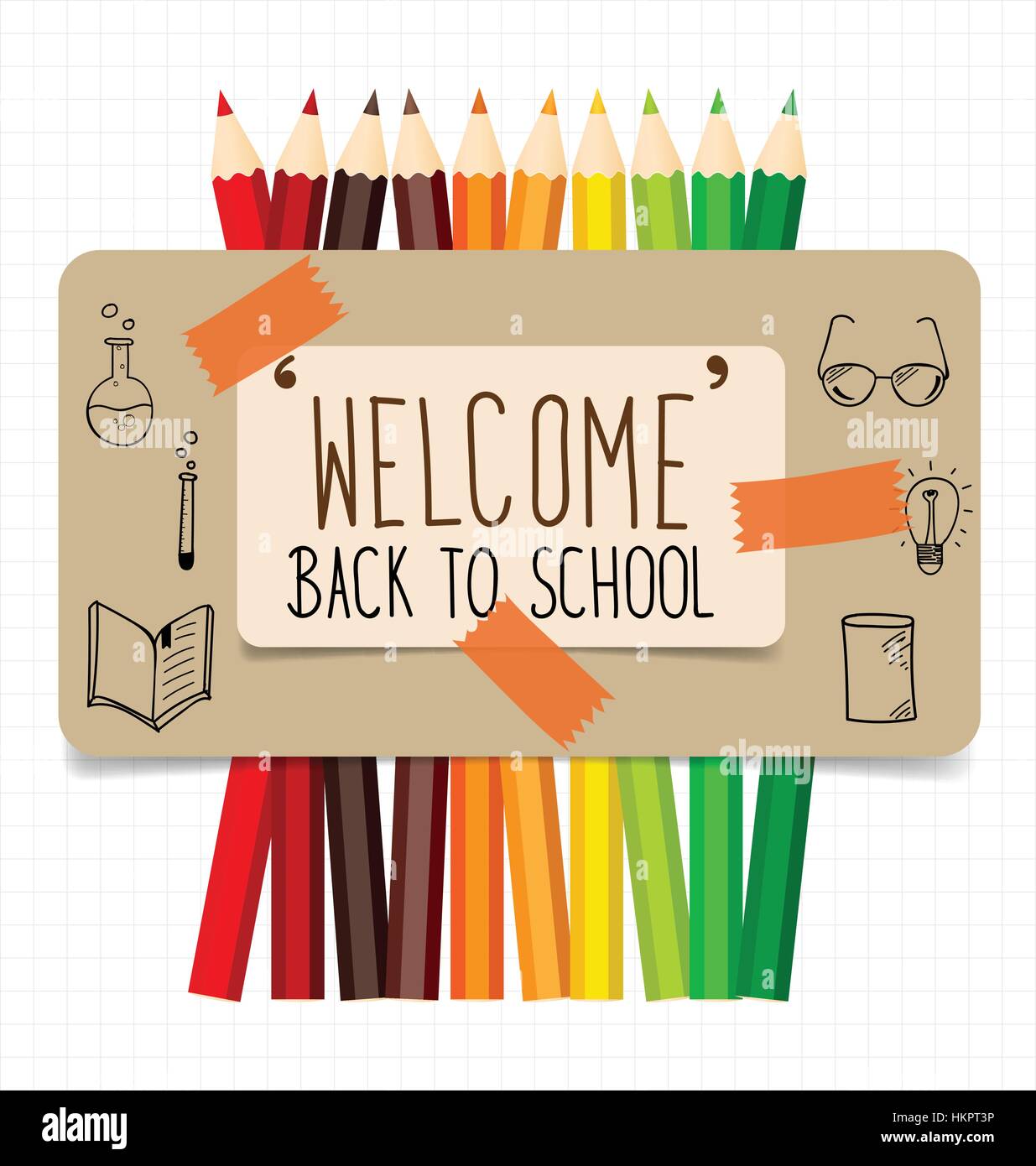 Welcome back to school. Paper note with color pencils background ...
