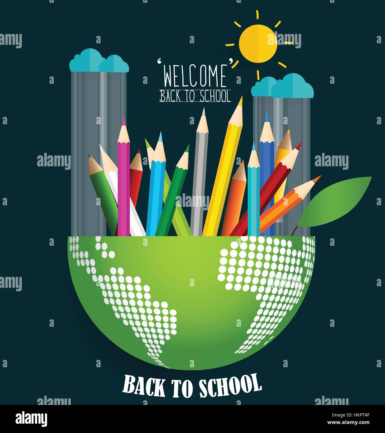 Welcome back to school with globe and Color pencils background, vector ...