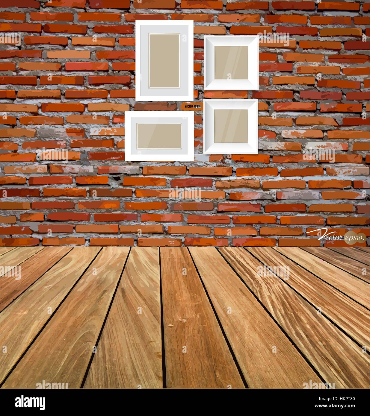 Room interior vintage with red brick wall and wood floor background ...