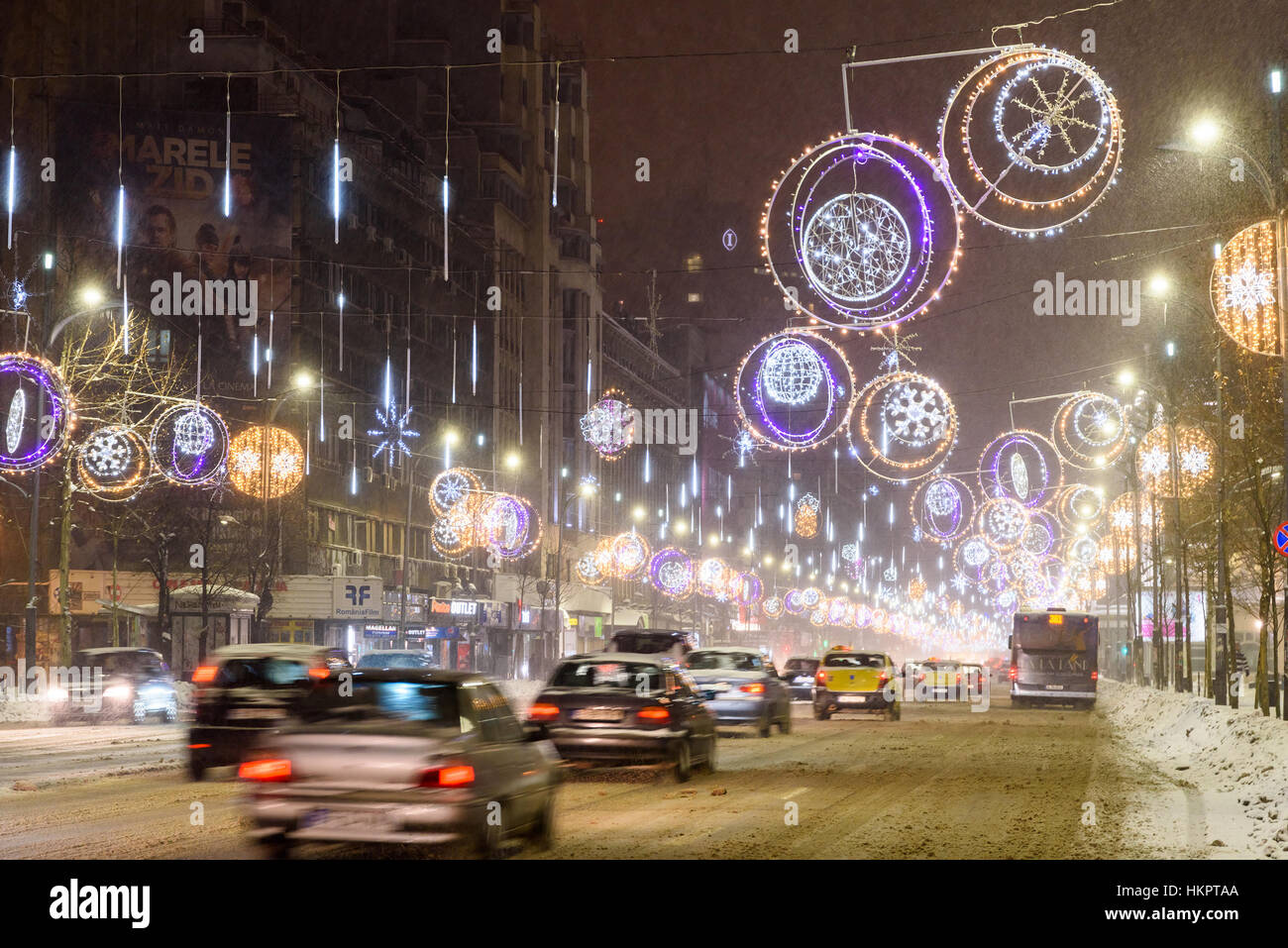 BUCHAREST, ROMANIA - JANUARY 08, 2017: Hard Traffic During Winter Snow ...