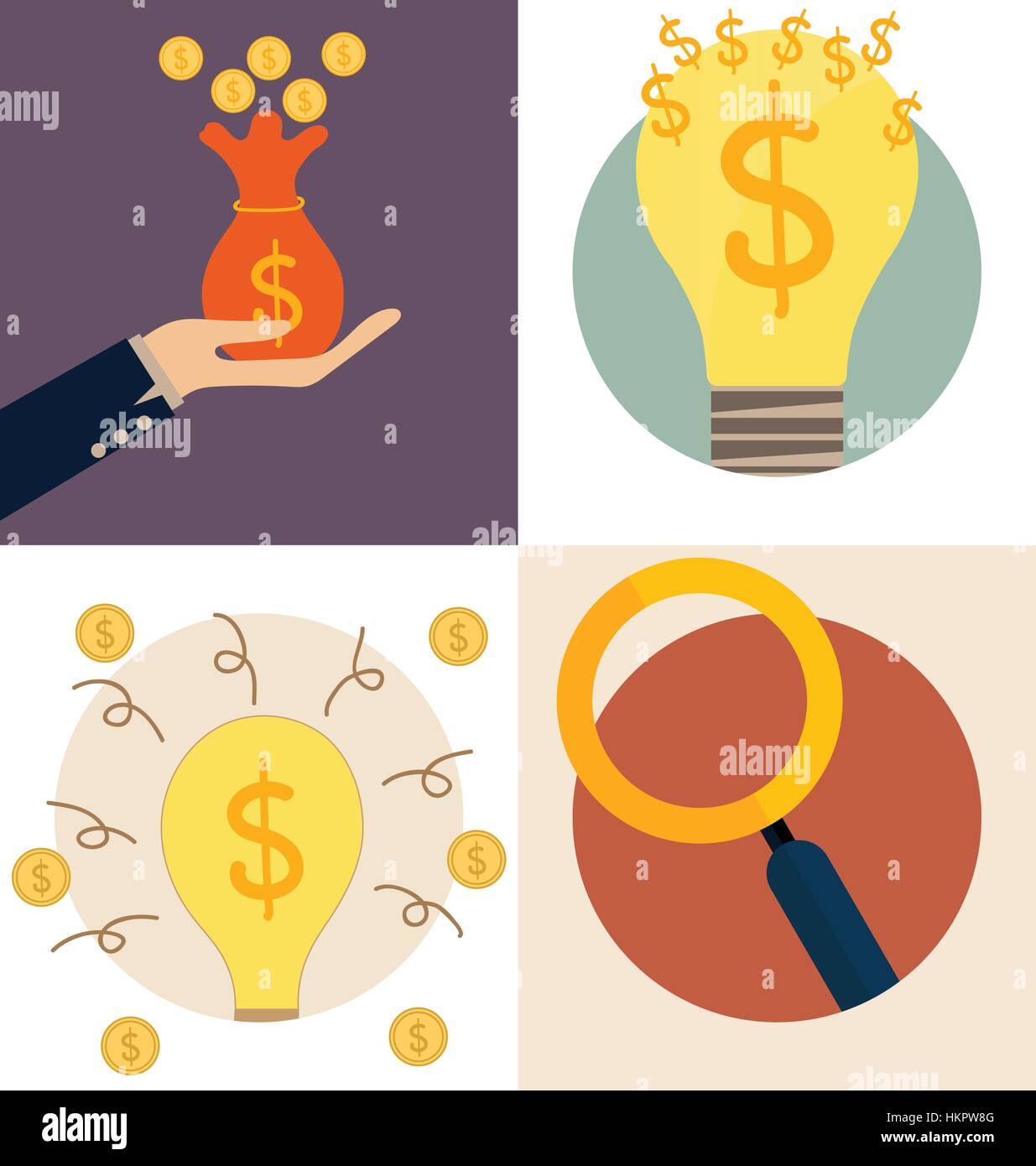 Business concept. Light bulb and Saving money bag with money coins ...