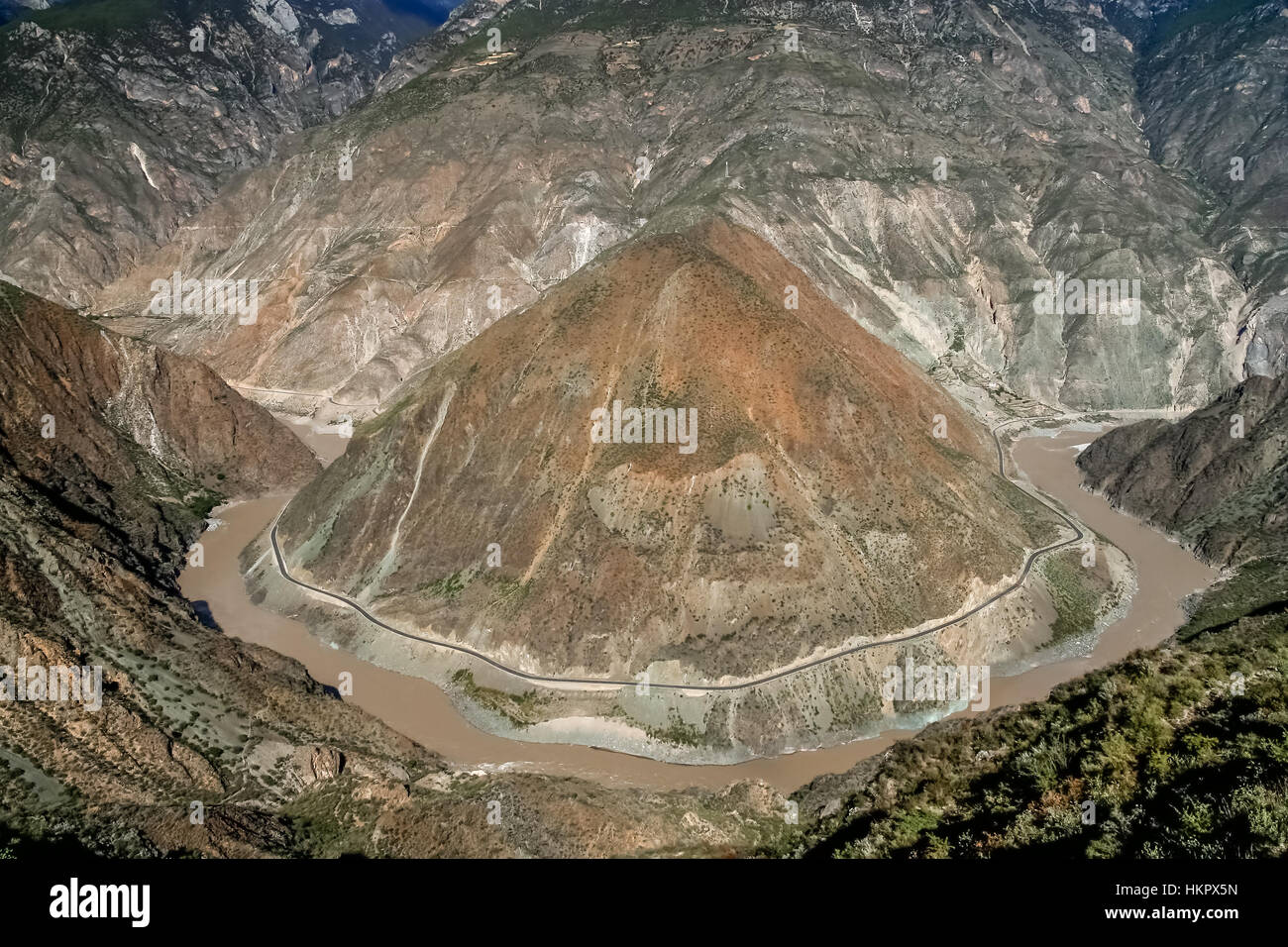 Aerial view of first turn of the mighty Yangtze river, Yunnan province ...