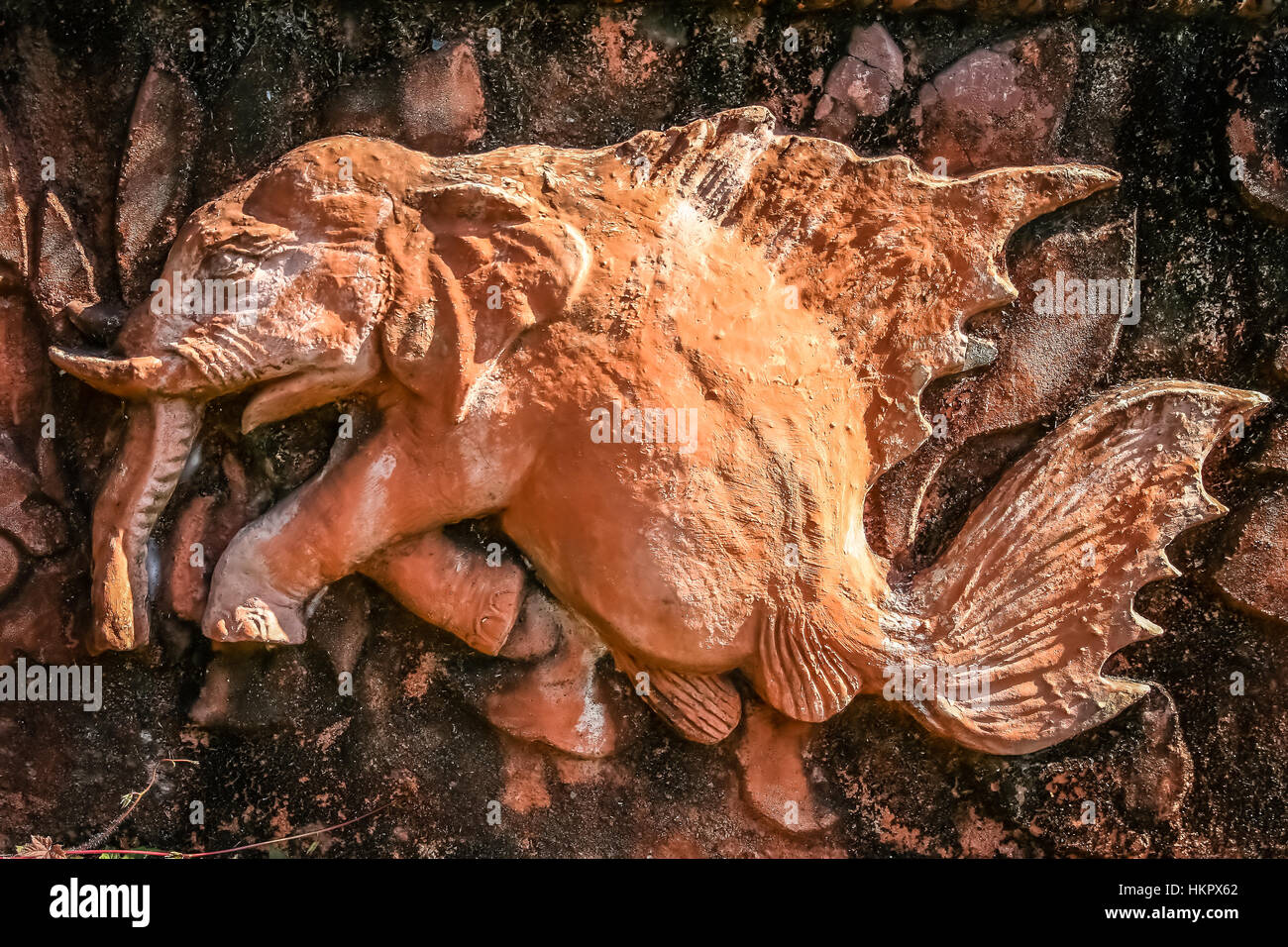 Strange elephant fish sculpture in an old hindu temple in xishuabanna ...