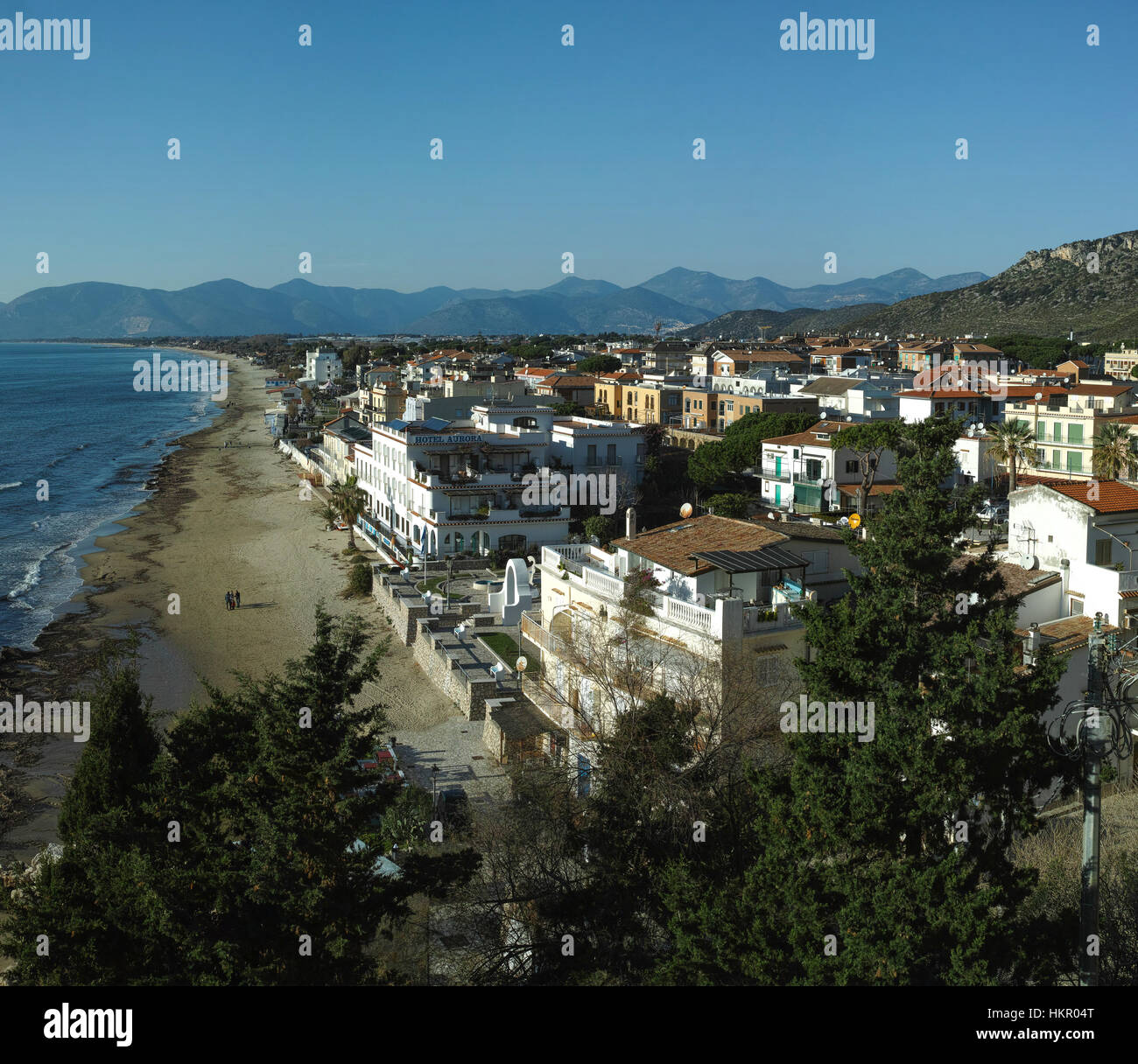 Panoramic view of Sperlonga and beautiful sandy beach in Italy Stock ...