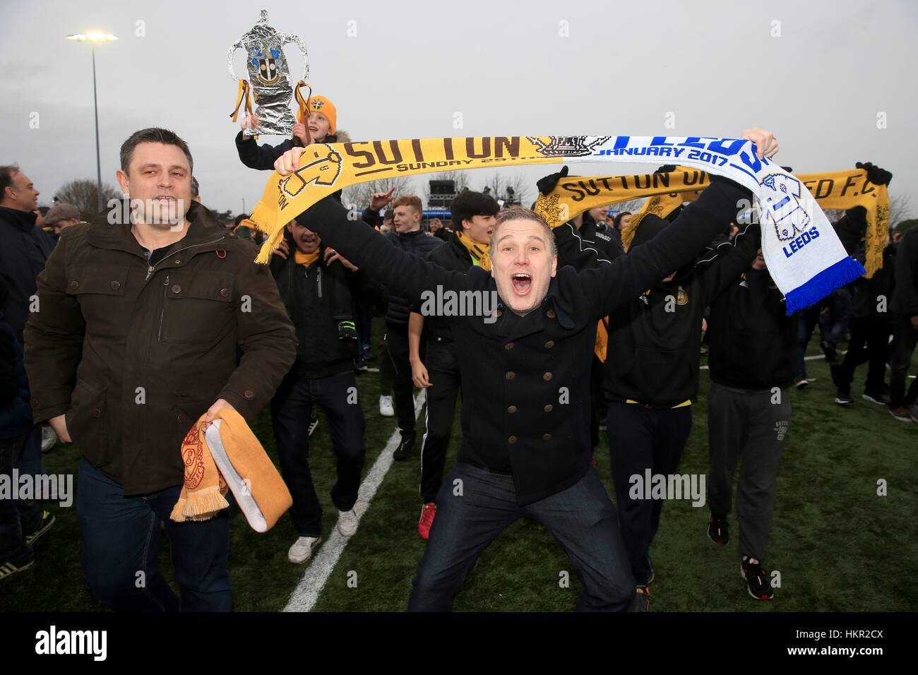 Sutton United fans celebrate after the final whistle during the ...
