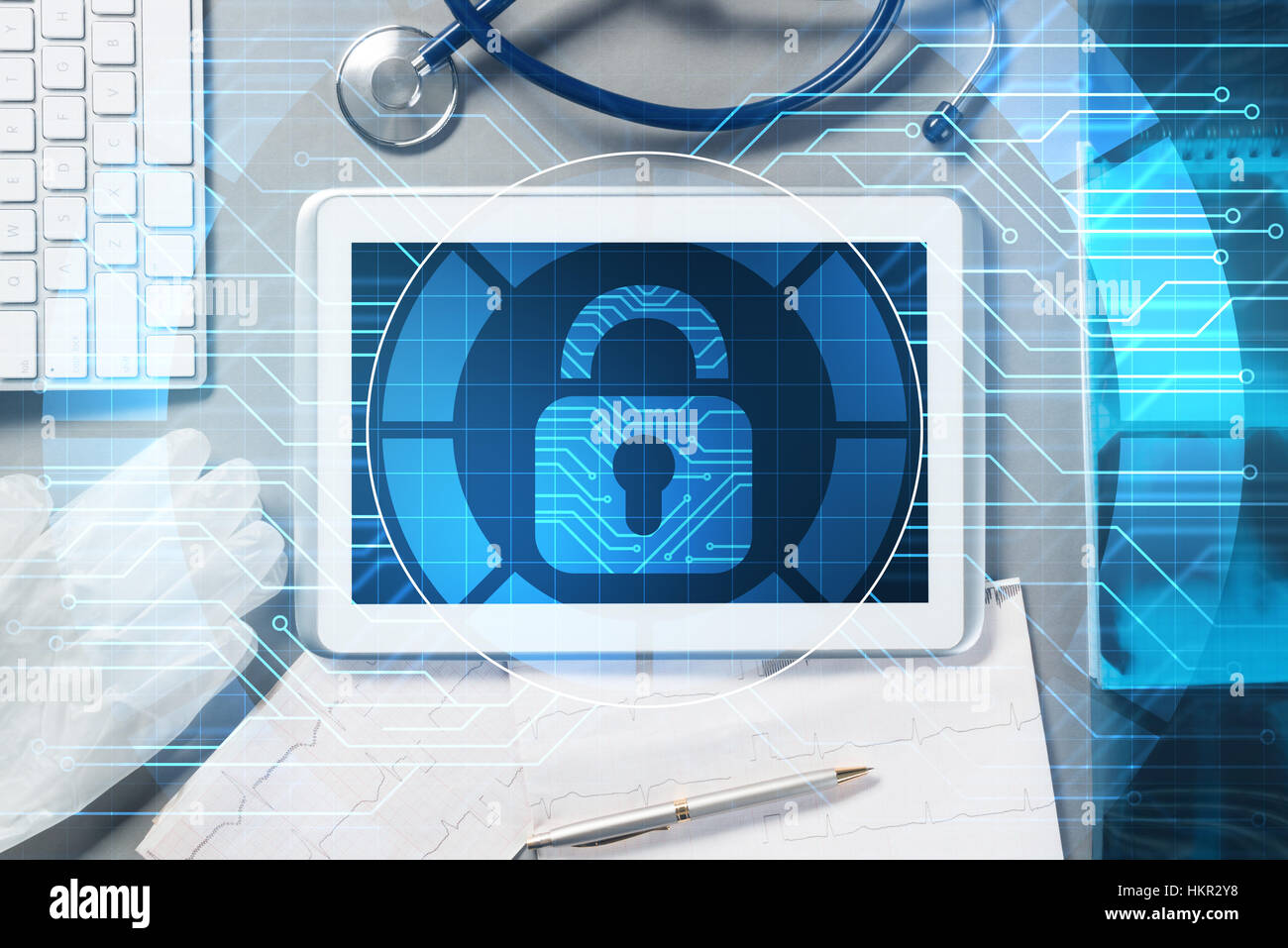 Top view of doctor workplace with tablet pc and medicine tools on ...