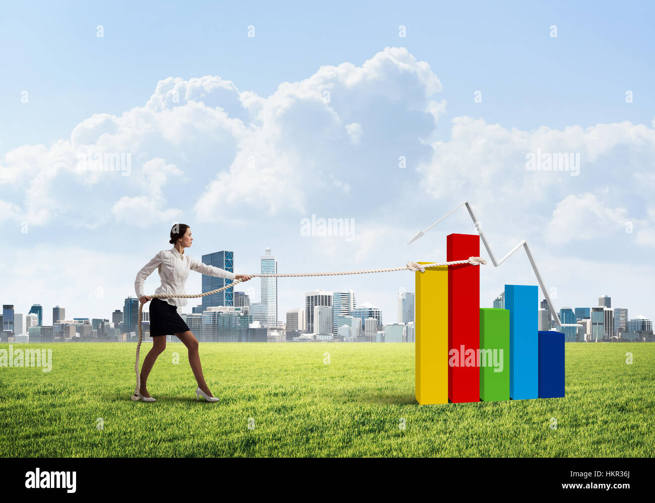 Businesswoman pulling arrow with rope and making it raise up Stock ...