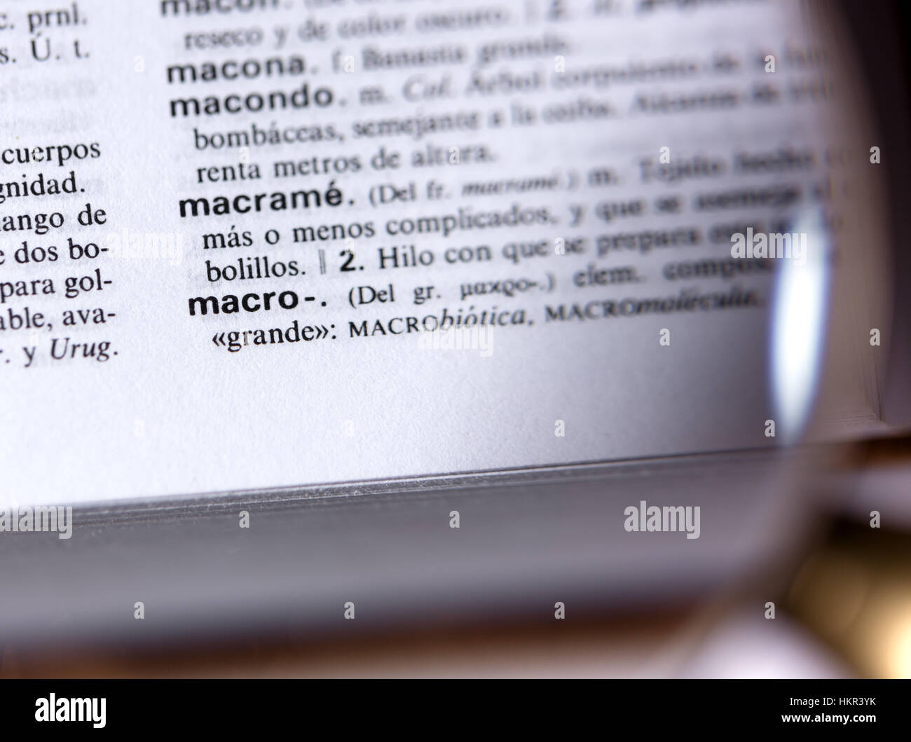 view of macro word definition in a dictionary using a magnifying glass ...