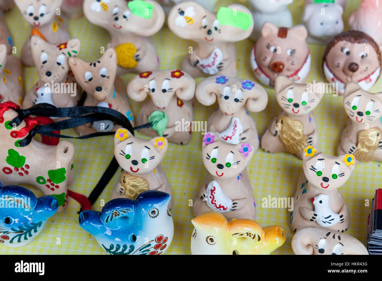 Many Ukrainian souvenirs clay figurines at the fair near Chyhyryn ...