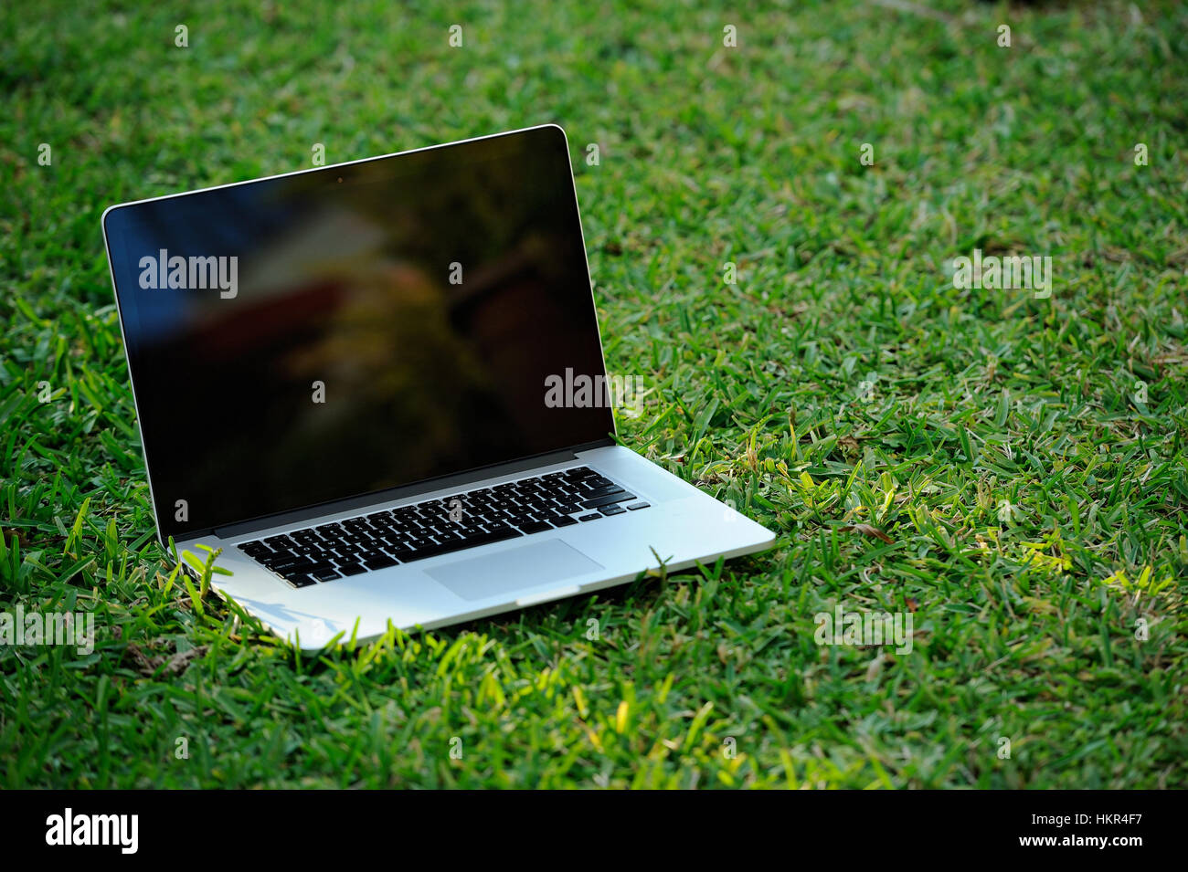 open modern laptop stay on park green grass Stock Photo - Alamy