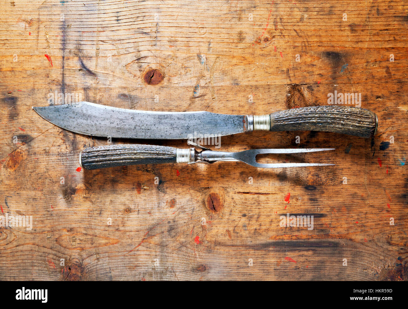carving set for meat on the old wooden background Stock Photo - Alamy