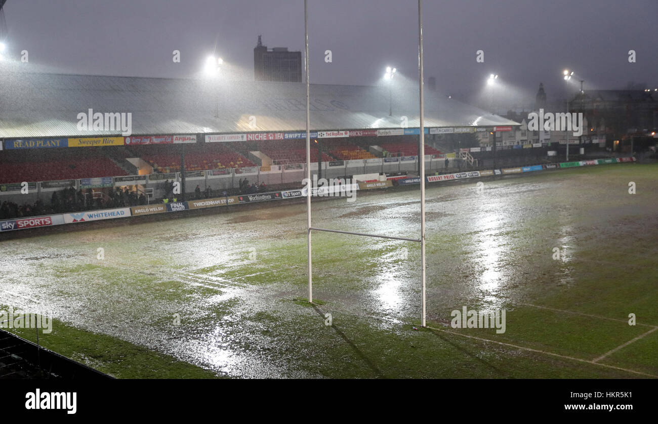 The Rodney Parade pitch after the Anglo-Welsh Cup match was abandoned ...