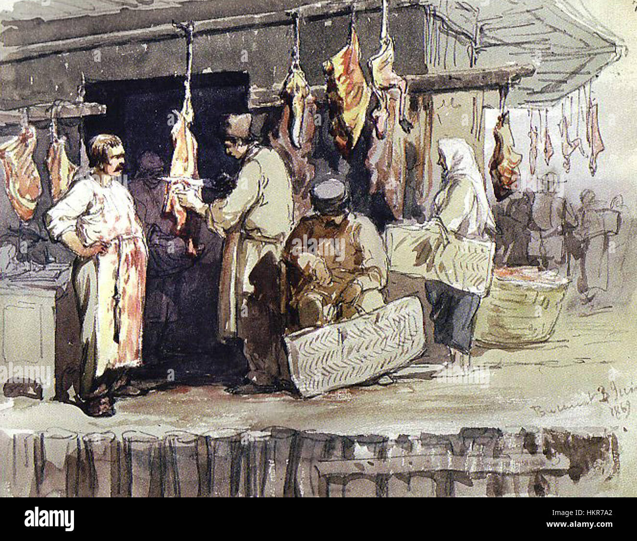 This painting captures a scene of a butcher shop in Bucharest, offering ...