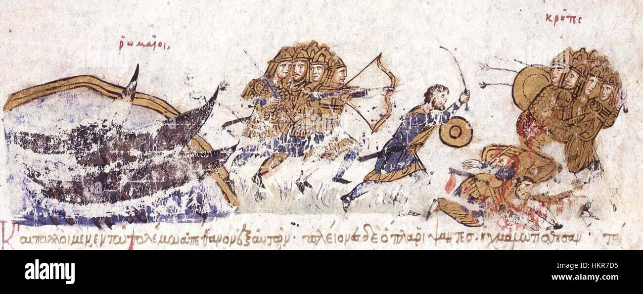 This historical painting depicts a battle between the Byzantine forces ...