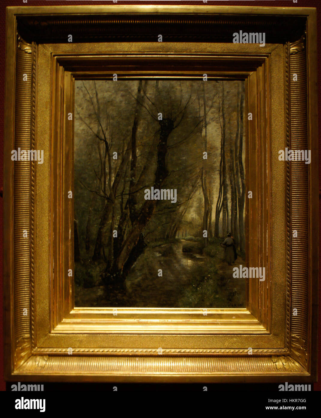 A landscape painting by C. Corot, depicting a stream near Beauvais. The ...