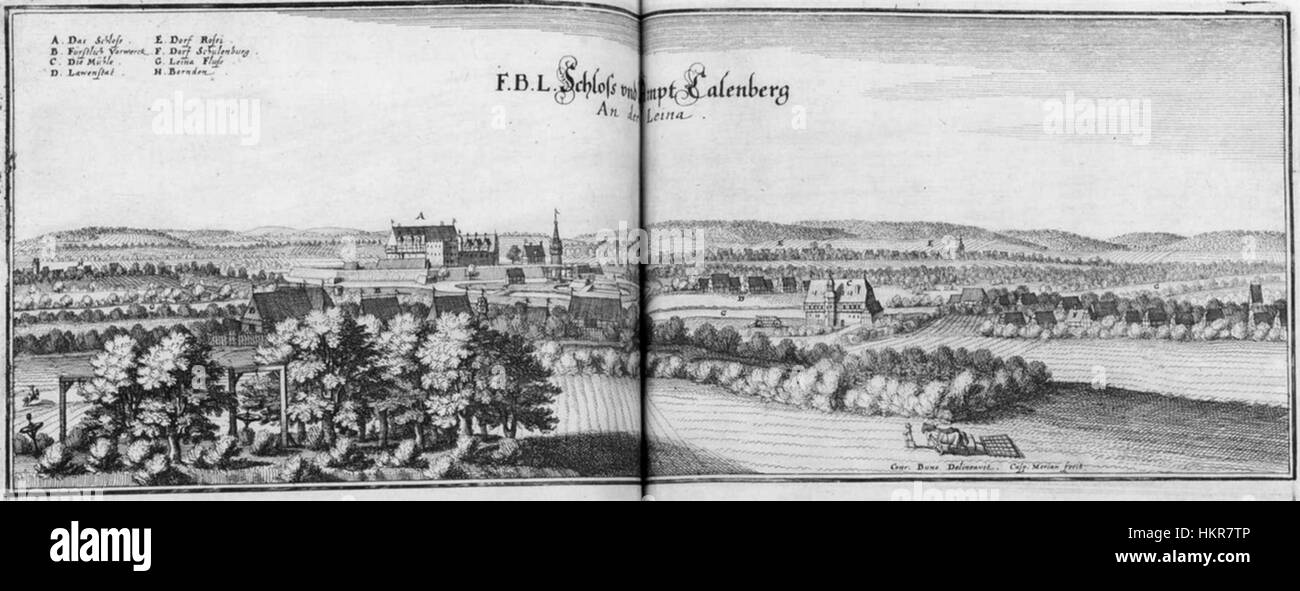 ‘Calenberg’ is an engraving by Merian, a 17th-century artist. The work ...