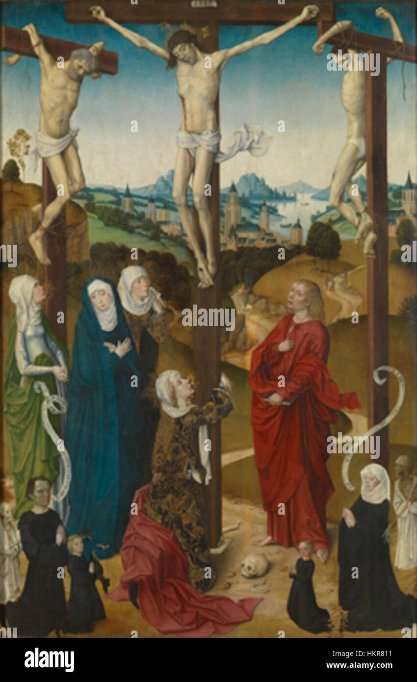 This religious artwork, titled 'Calvaire avec Donateurs', shows the crucifixion of Christ ...