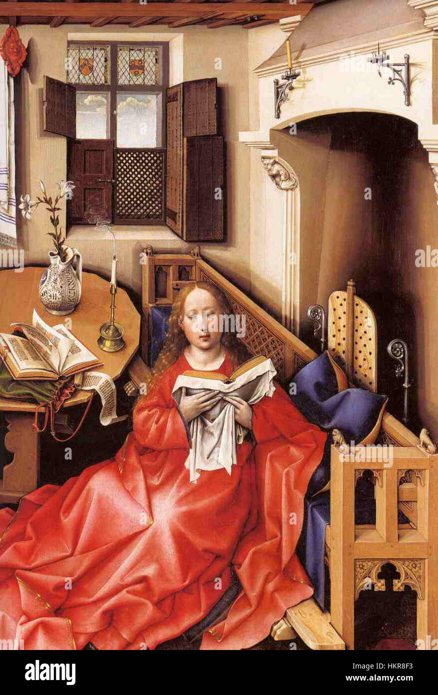 The central panel of Robert Campin’s *Merode Altarpiece* features the ...