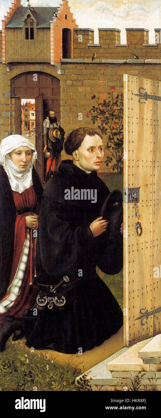 The left panel of the Merode Altarpiece by Robert Campin depicts the ...