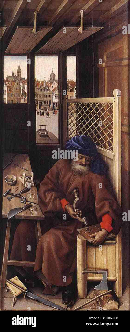 The right panel of the 'Merode Altarpiece' by Robert Campin depicts the Annunciation scene ...