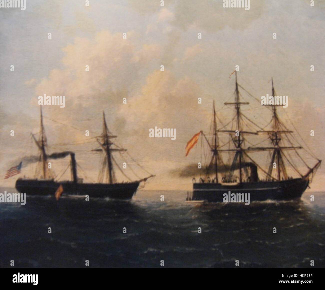 The artwork depicts the dramatic capture of the North American steamer ...