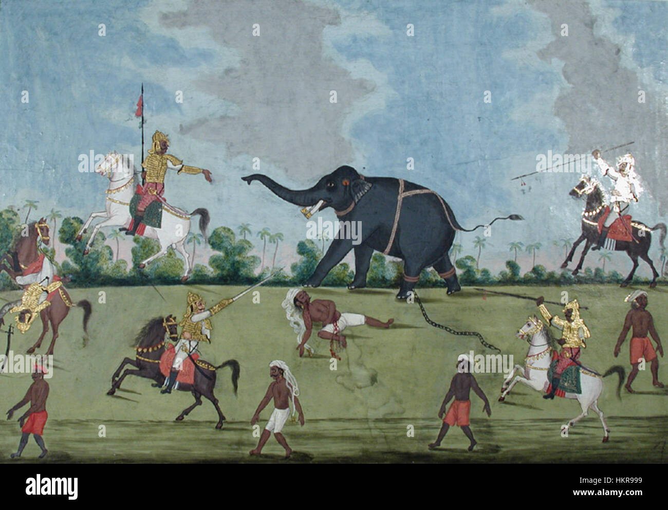 This painting titled 'Capturing the Wild Elephant' depicts an elephant ...