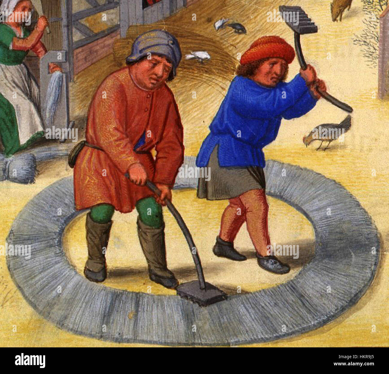 A traditional depiction of carding wool, showcasing a historical ...