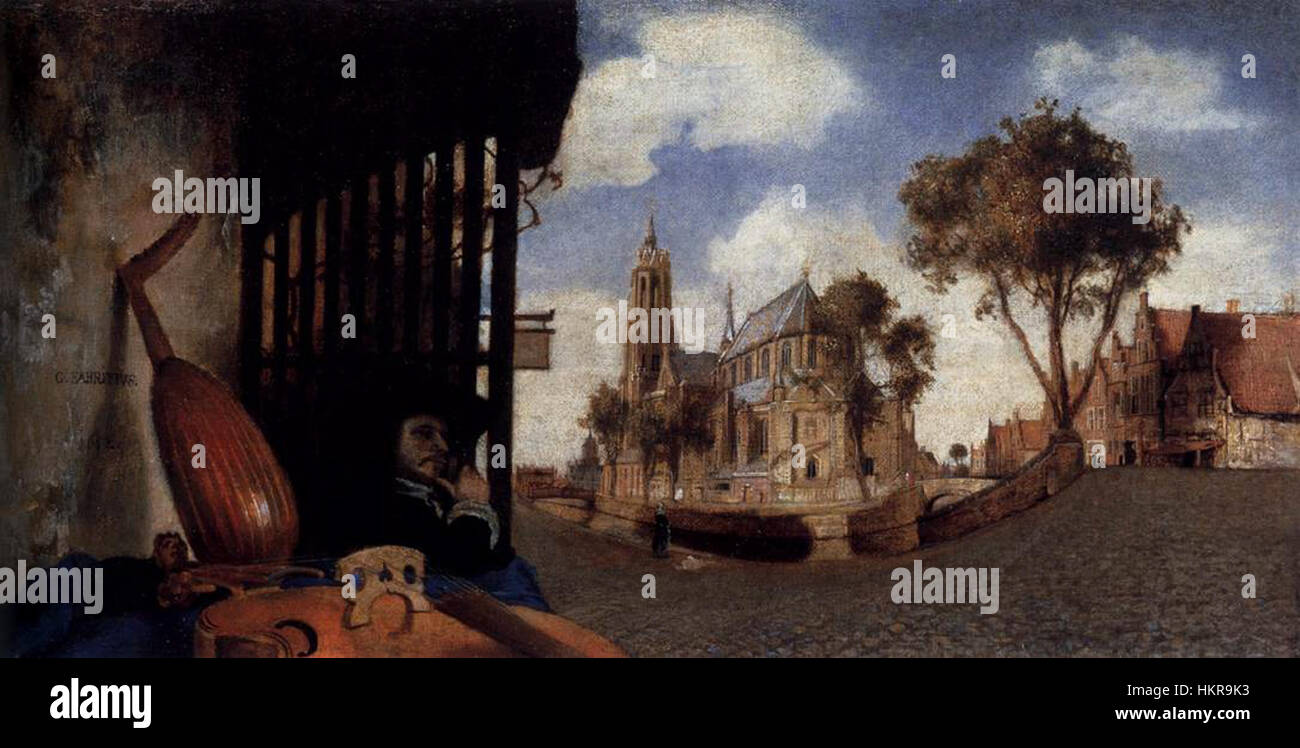 'View of the City of Delft' by Carel Fabritius is a masterful oil painting capturing the serene ...