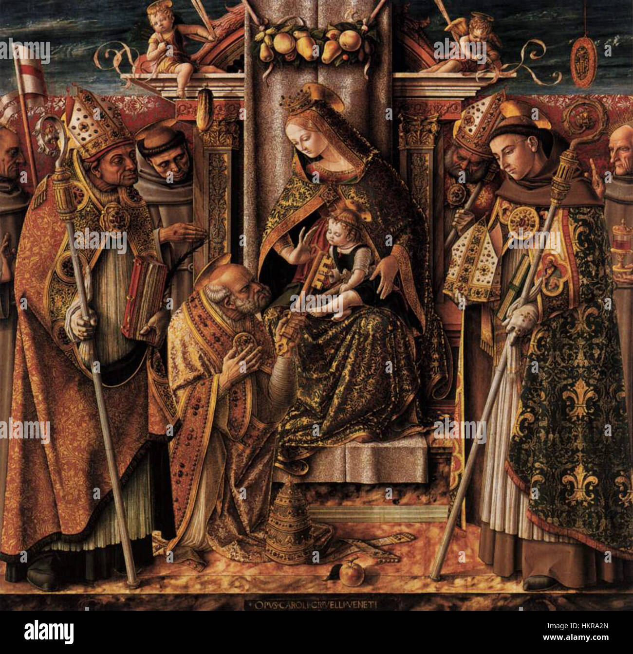 This painting by Carlo Crivelli depicts the Virgin Mary and Child seated on a throne surrounded ...